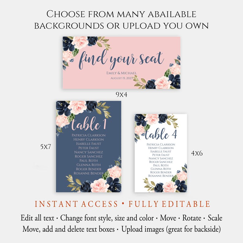 Navy Blush Wedding Seating Chart Seating Chart Cards | Etsy