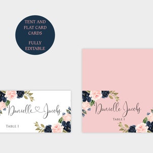 Navy Blush Place Cards Template, Wedding Name Card Set, Editable Blue ...