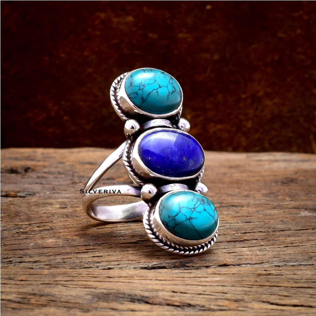 Turquoise Ring, Natural Lapis, Three Stone Ring, 925 Silver Ring, Lapis ...