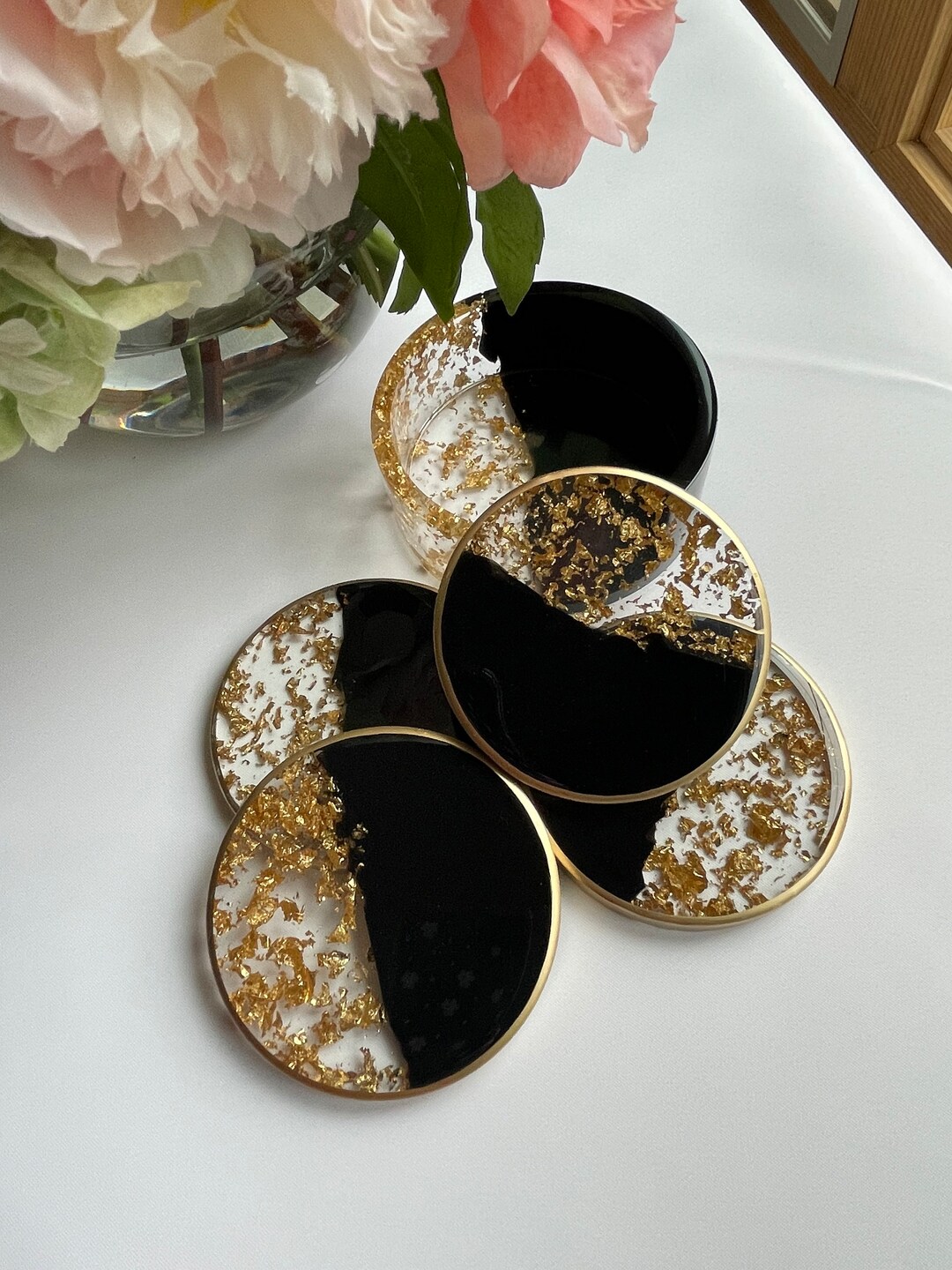 Elegant Resin Coaster Set in Black and Gold Leaf Flakes Edged in a Gold ...