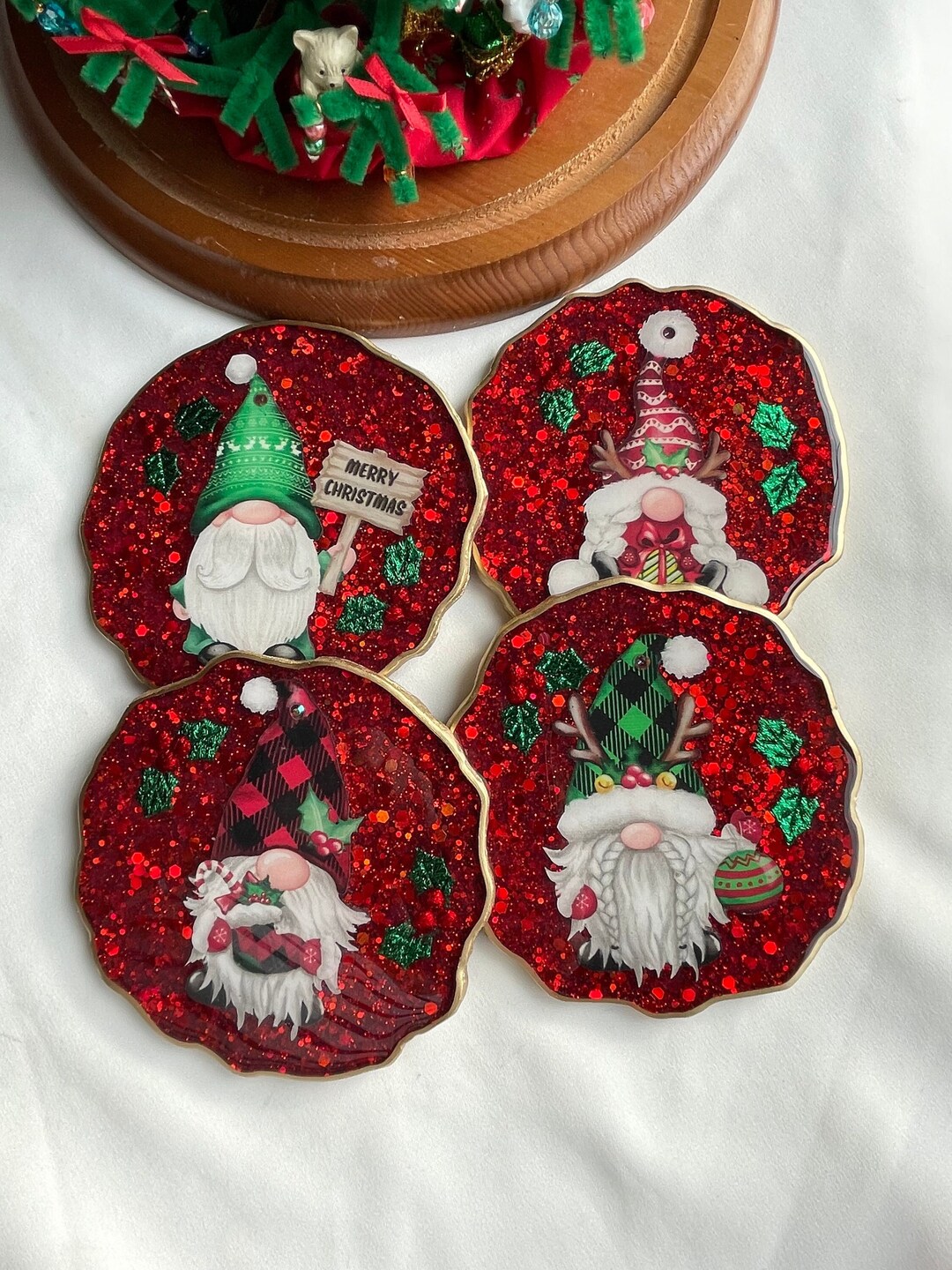 Festive Geode Resin Coasters 4 With Holiday Gnomes Against a Red ...