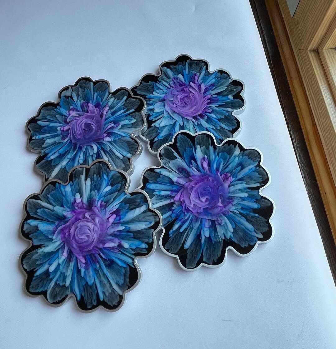 3-D Resin Flower Bloom Coasters in Pink, Purple, Teal and White Against ...