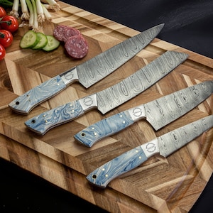 Handmade Damascus Kitchen Knives Epoxy Blue Resin Handle Chef Knife BBQ ...