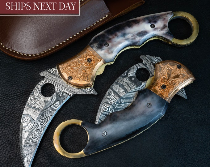 8'' Hand Forged Real Bone Handle Damascus Fold Knife, Damascus Pocket ...