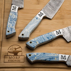 Handmade Damascus Kitchen Knives Epoxy Blue Resin Handle Chef Knife BBQ ...