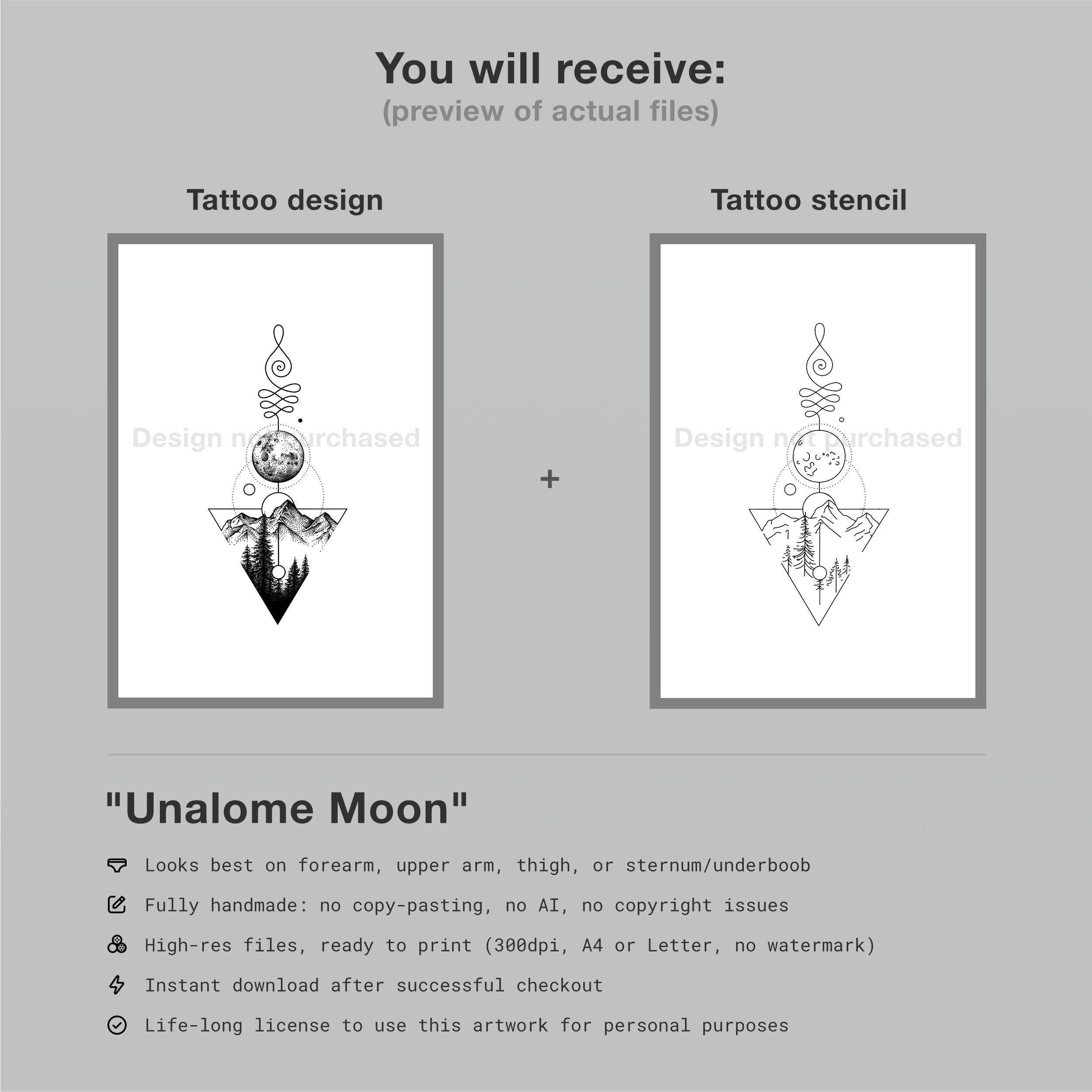 Unalome Moon Tattoo Design With Stencil Geometric Tattoo Flash Mountain ...