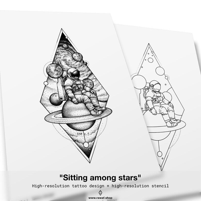 Astronaut Tattoo Flash With Stencil sitting Among Stars / Galaxy Tattoo ...