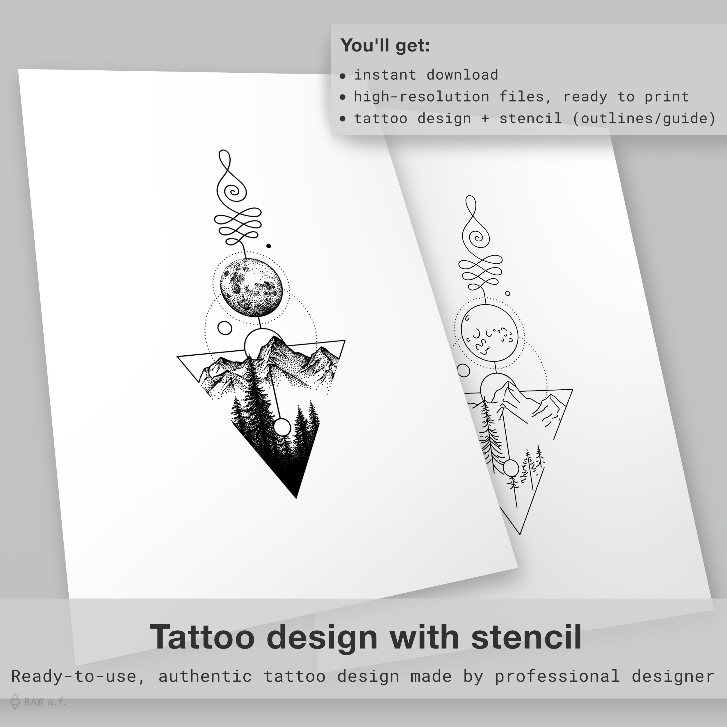 Unalome Moon Tattoo Design With Stencil Geometric Tattoo Flash Mountain ...