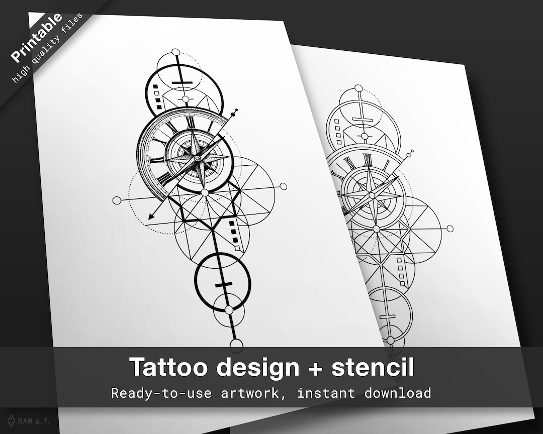 Geometric Clock Compass Tattoo Design With Stencil Forearm Half Sleeve Tattoo Geometric Dotwork Tattoo Ready to Use Tattoo Flash Stencil Etsy