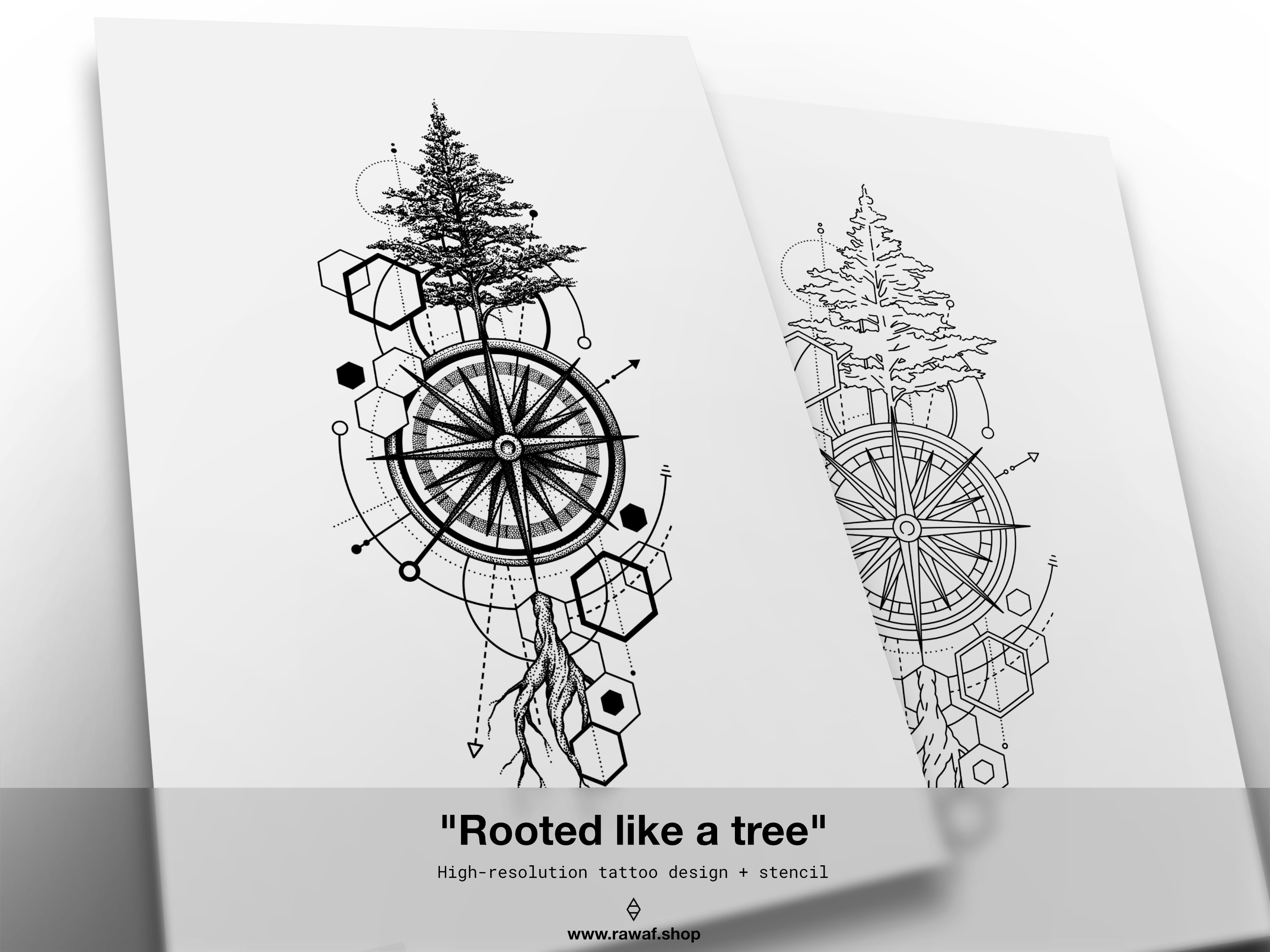 Tree and Compass Tattoo Design / Geometric Tattoo, Dotwork Tattoo ...
