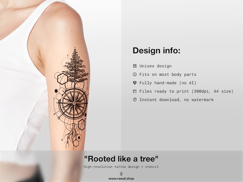 Tree and Compass Tattoo Design / Geometric Tattoo, Dotwork Tattoo ...