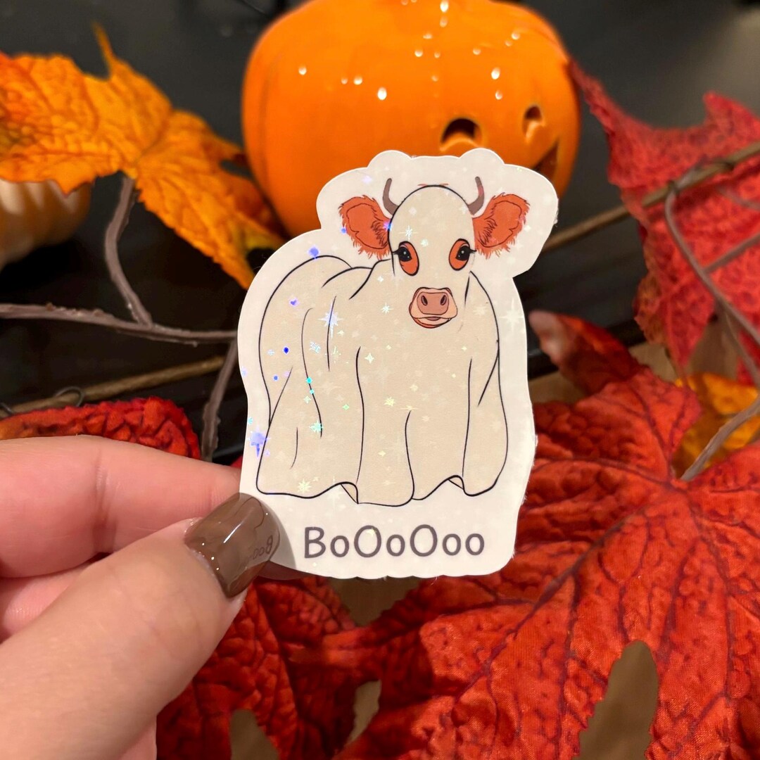 Boo Moo Funny Spooky Cow Ghost Holographic Sticker, Ghostly Heifer Bull ...