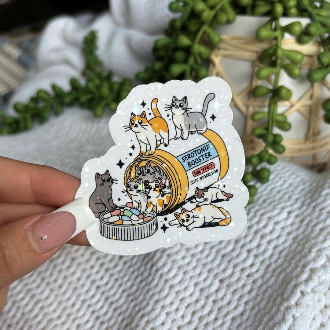 Funny Cat Pill Bottle Seratonin Holographic Glitter Sticker, Cute Kitty ...