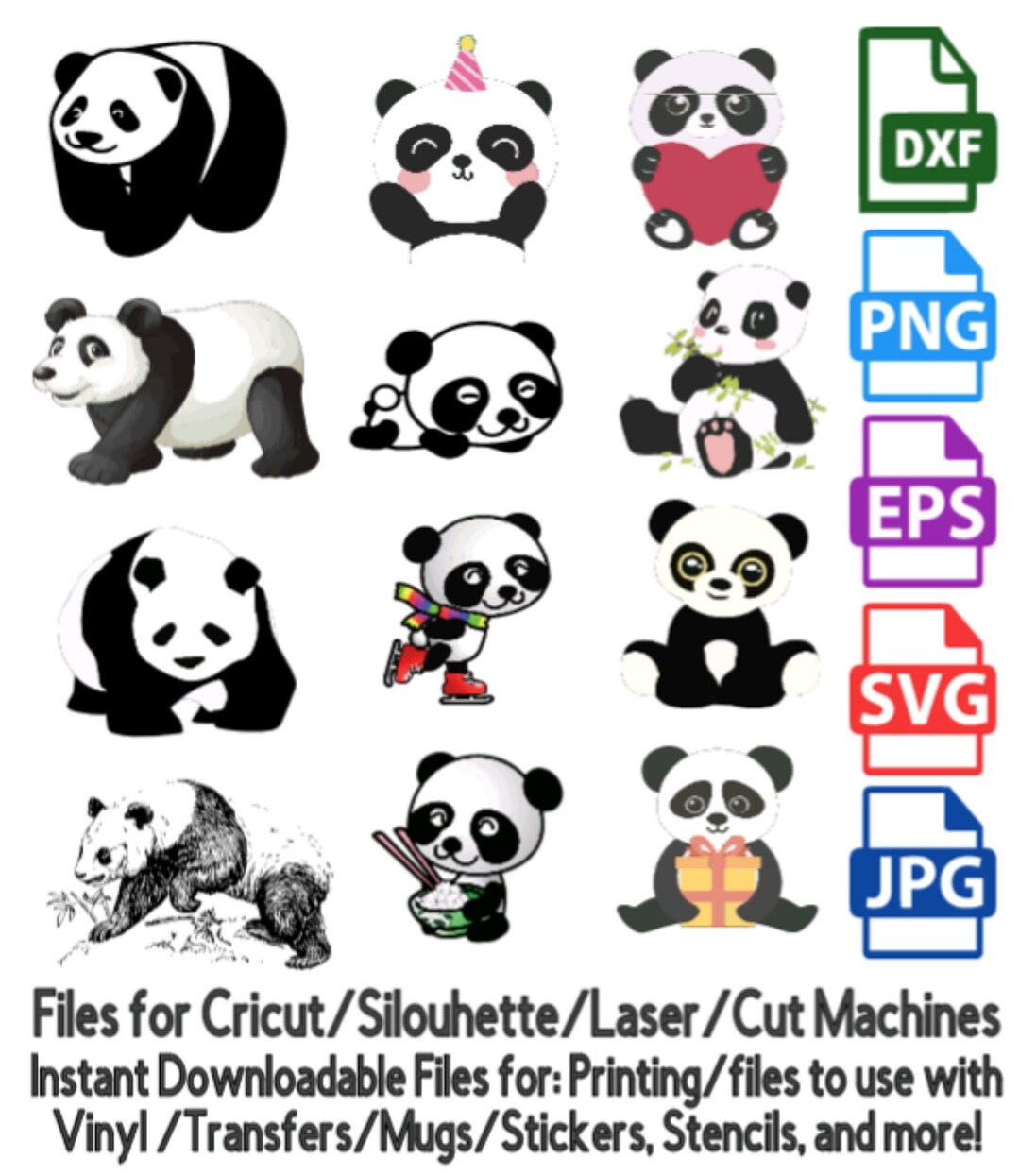 Over 100 Panda Bear Digital Download Bundle, B&W and Colour SVG Cut ...