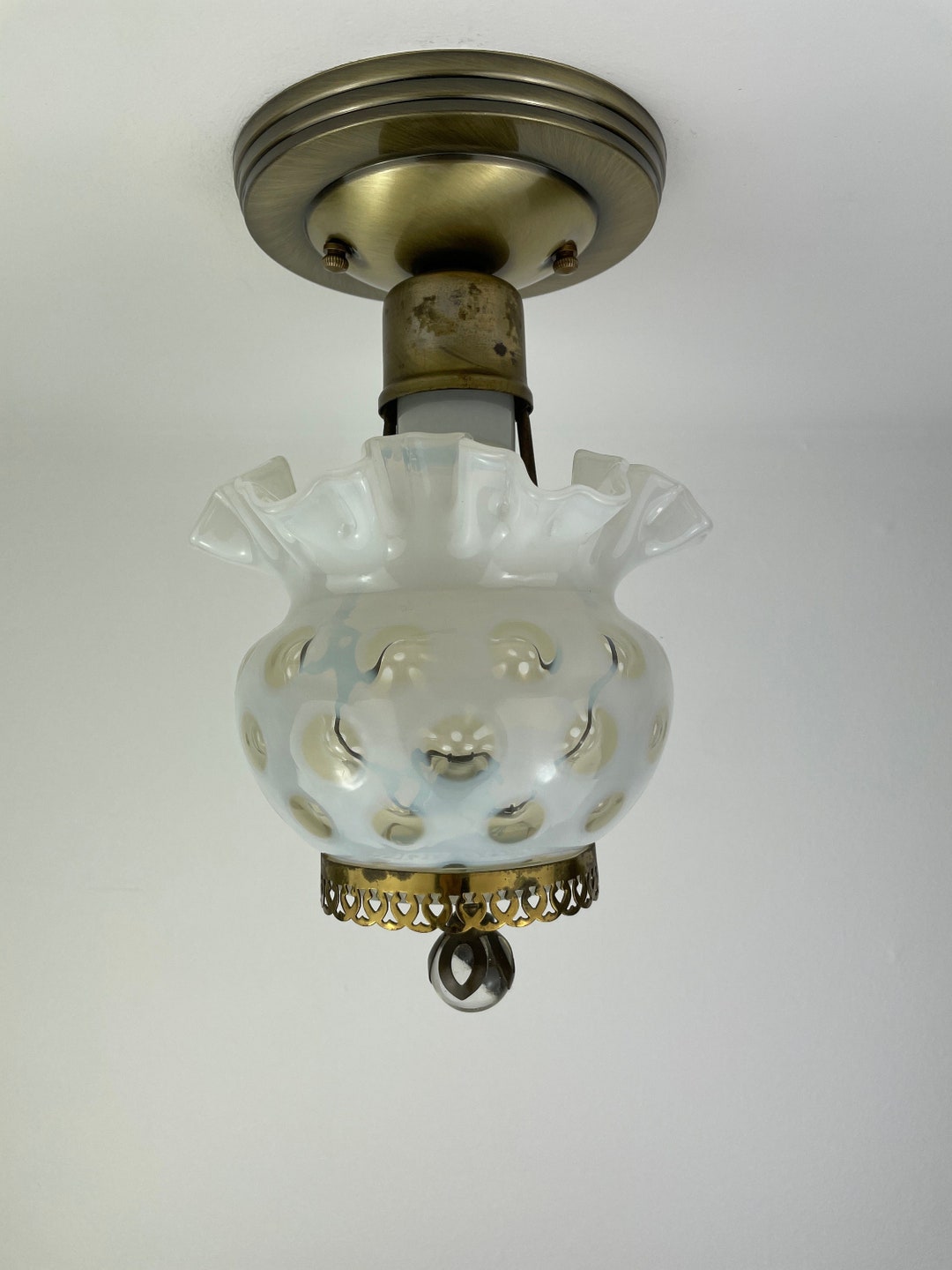 Early 1930's Antique Brass Semiflush With Original White Ruffled Thumb ...