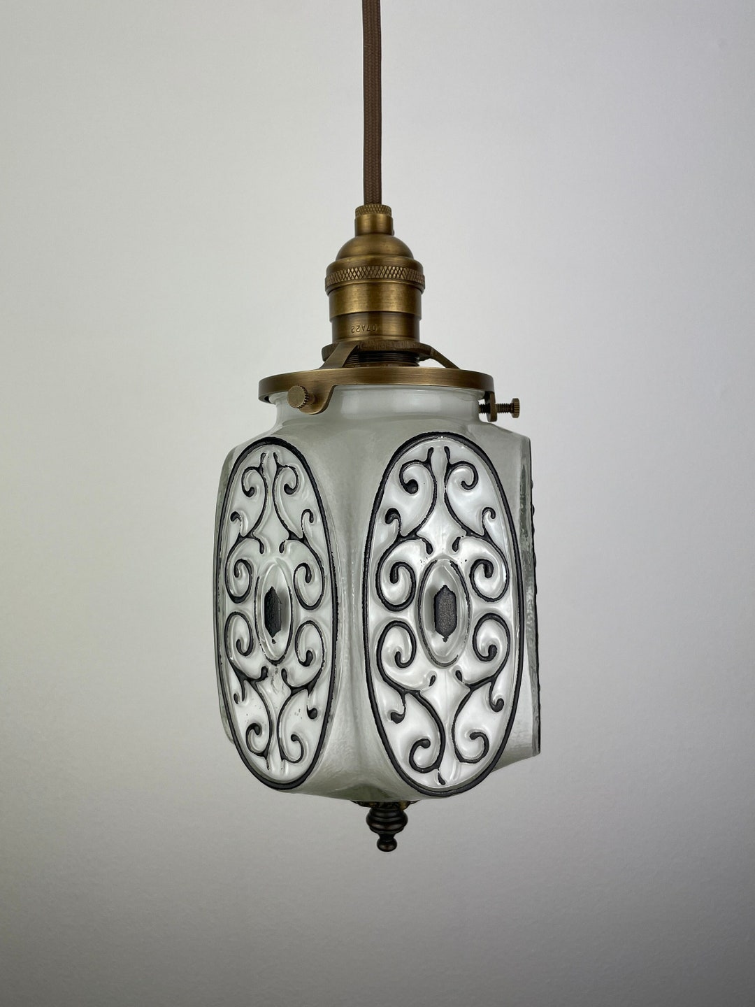 Pair of MCM Black and White Shades With 6 Ornate Raised Oval Panels ...