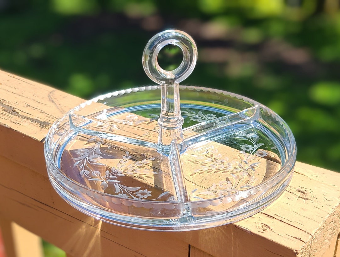 RARE Vintage Kusak Cut Glass 3 Part Relish Serving Dish-condiment Dish ...