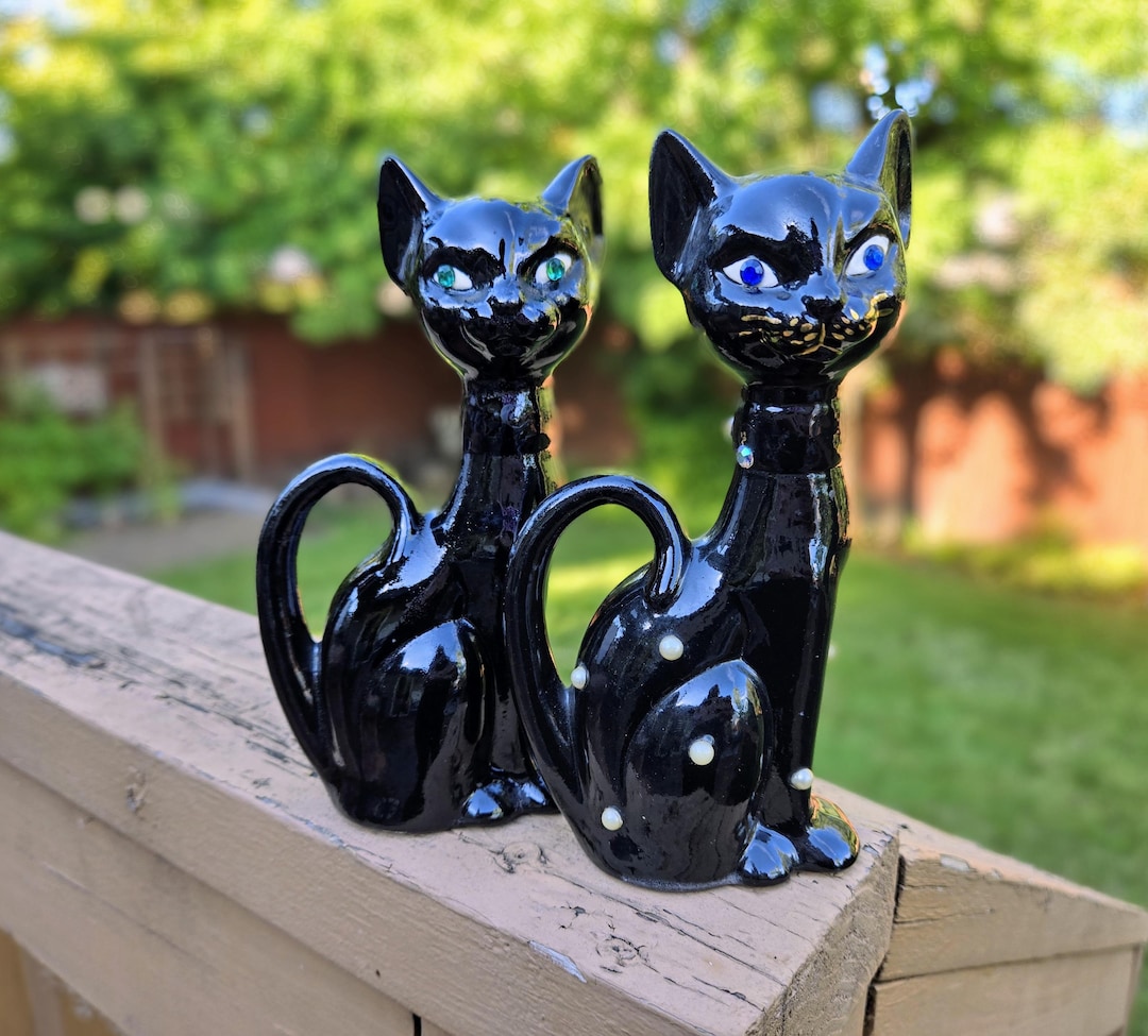 2 Vintage Black Siamese Long Neck Cat Figurines-kitschy-cat Decor-mid ...