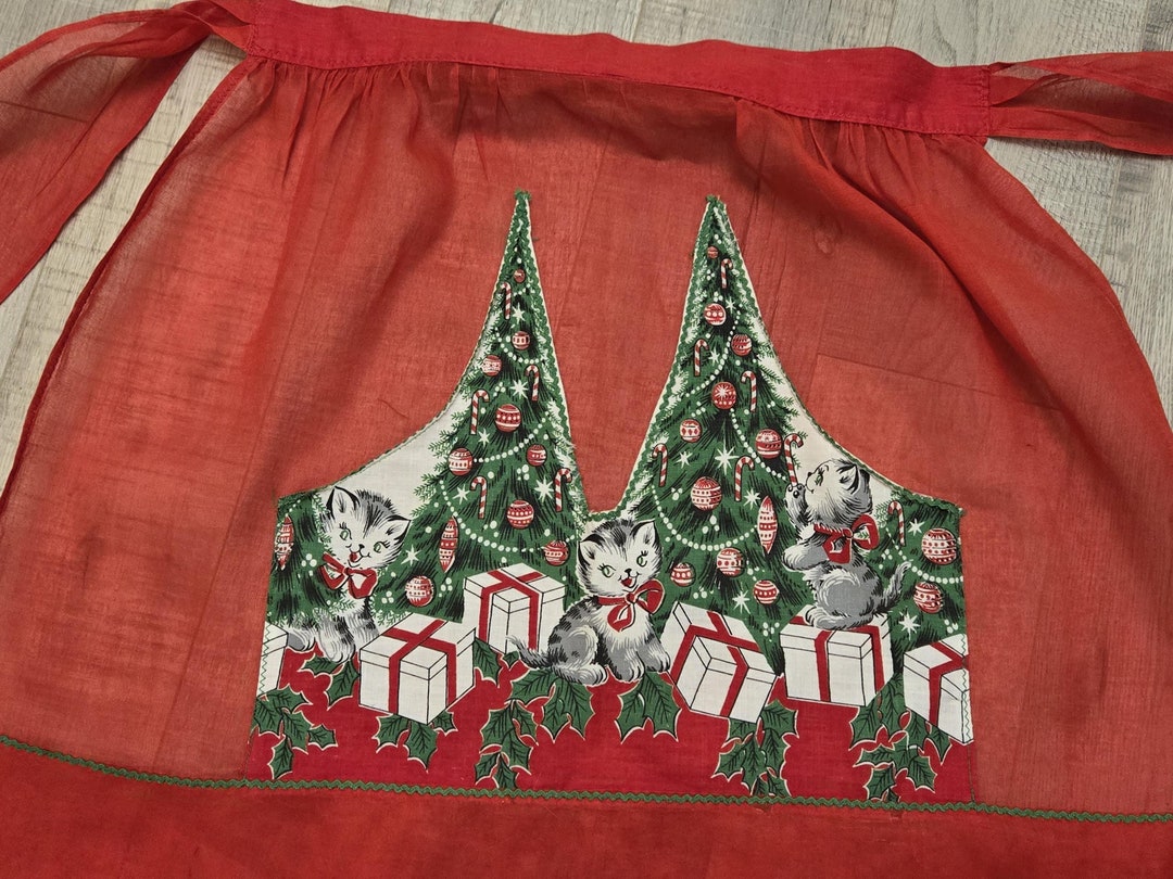 1950's Vintage Christmas Cat Sheer Half Apron-handmade-pinafore-kitten ...