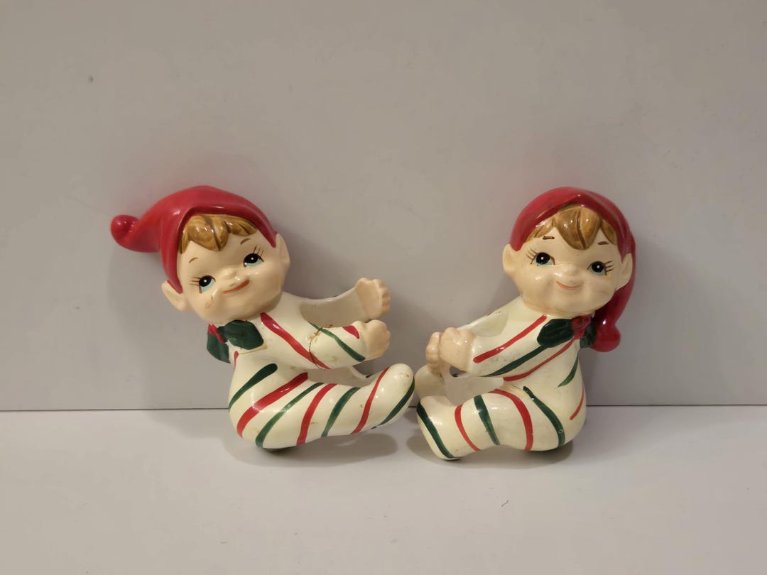 RARE Vintage Lefton Candy Cane Stripe Ceramic Elf Candle Climbers ...