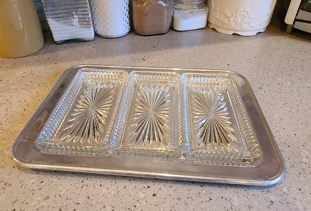 Vintage Pfaltzgraff Aluminum & Pressed Glass Relish Tray-appetizer Tray ...