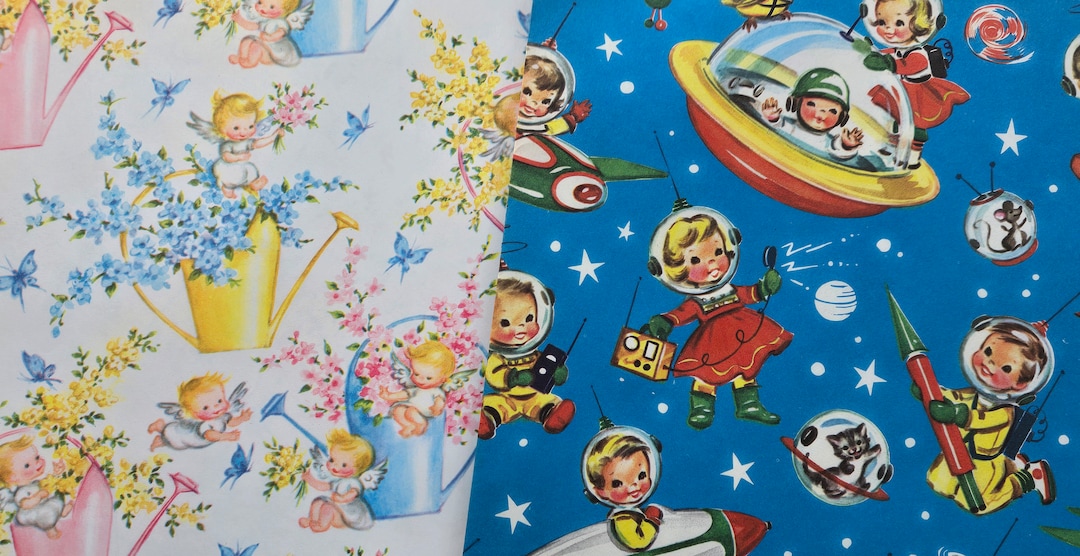 1950's Gift Wrap-rocket Rascals-space-angels-ephemera-baby Shower ...