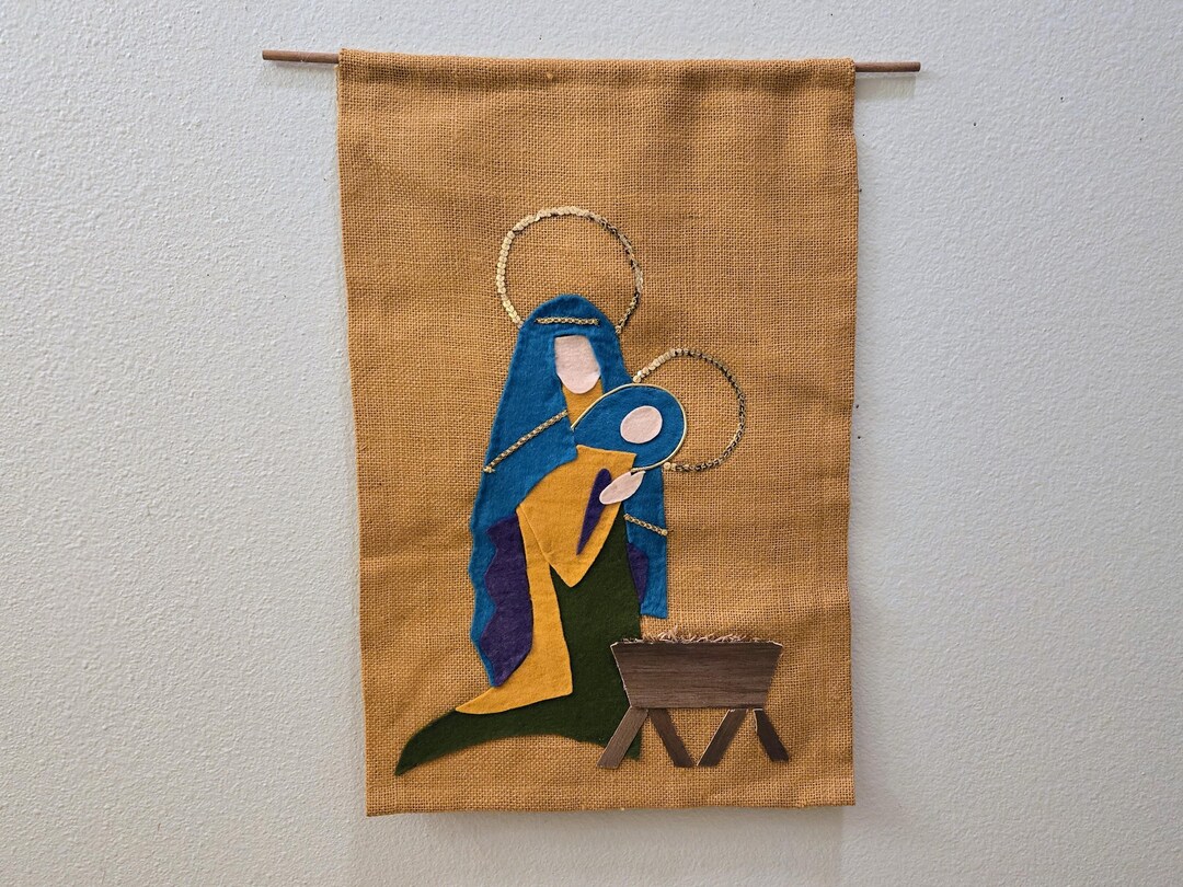 1960's Mother Mary & Jesus Nativity Burlap and Felt Wall Hanging-mid ...