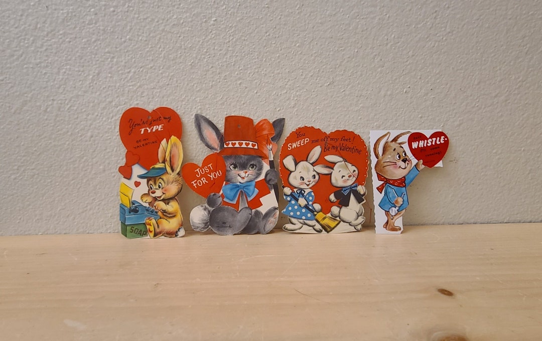 4 Vintage Bunny Valentine's Day Cards-rabbit-valentine Ephemera ...