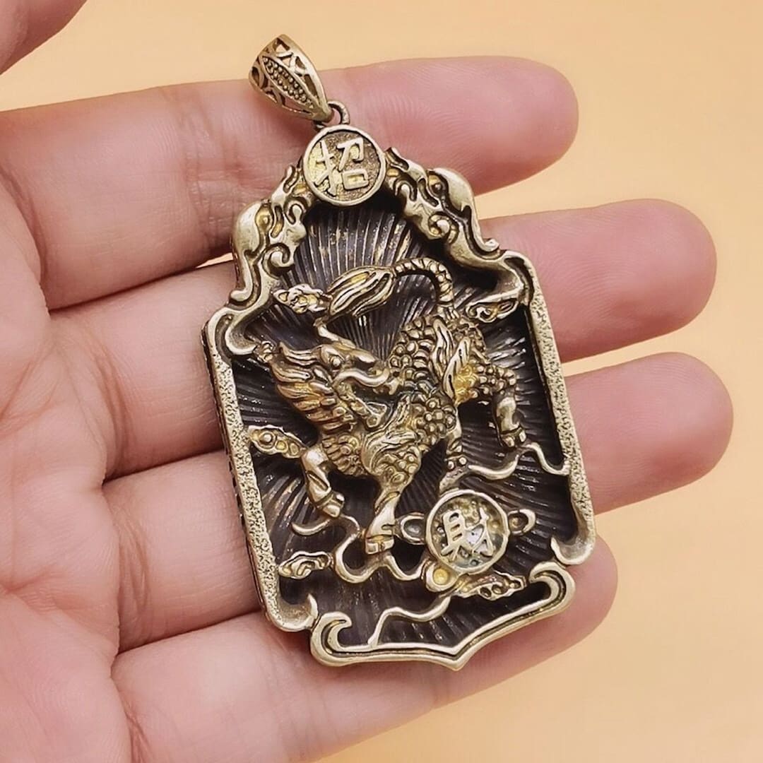 Exquisite Brass Qilin Amulet, Antique Pure Brass Qilin Bless Pendant - Etsy