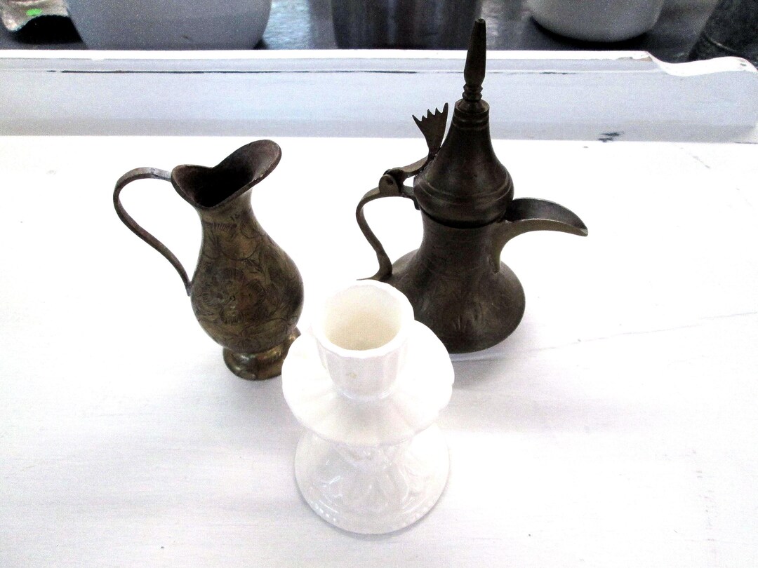 Indian Brass Tea Pot With Small Brass Pitcher and White Inarco ...