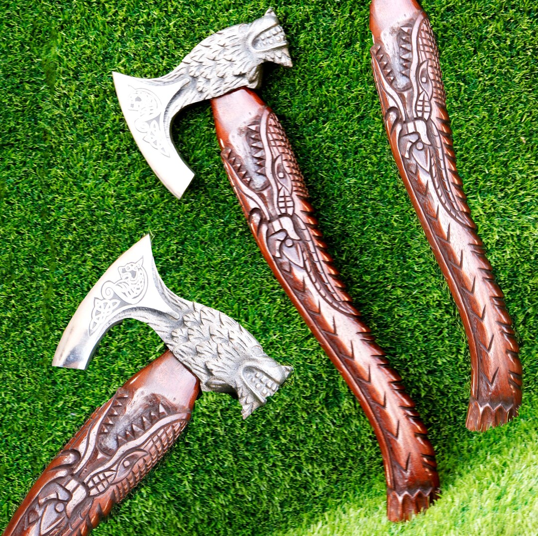 Handmade VIKING Wolf AXE With Ash Wood Shaft Camping/hunting Axe Ragnar ...