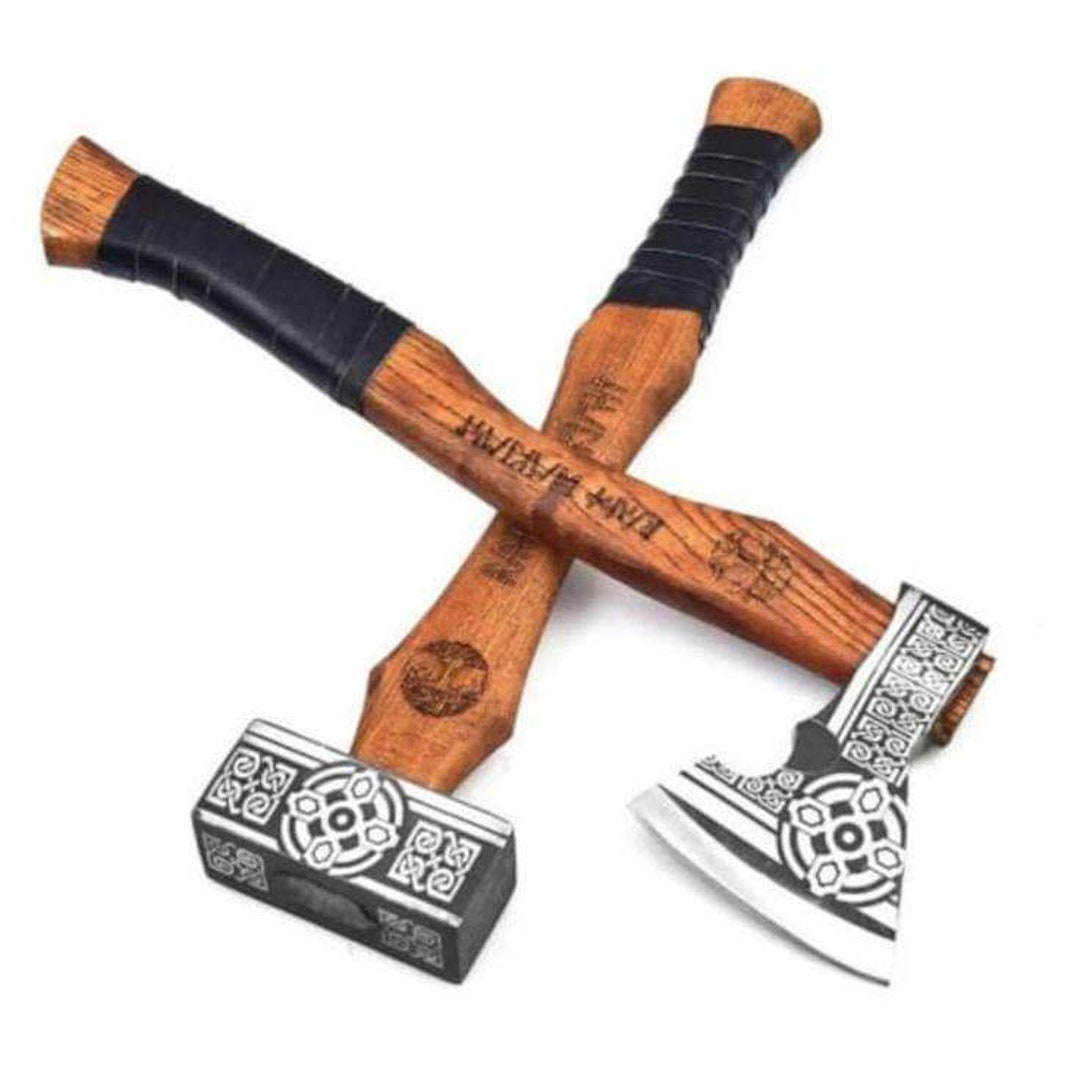 Handmade Viking Axe and Hammer Set: Carved Hunting Tomahawk - Etsy