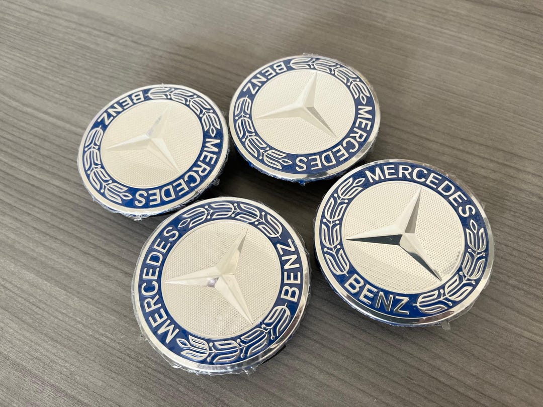 Set of 4 Mercedes Benz Wheel Center Caps Emblem Blue Laurel Wreath 75mm ...