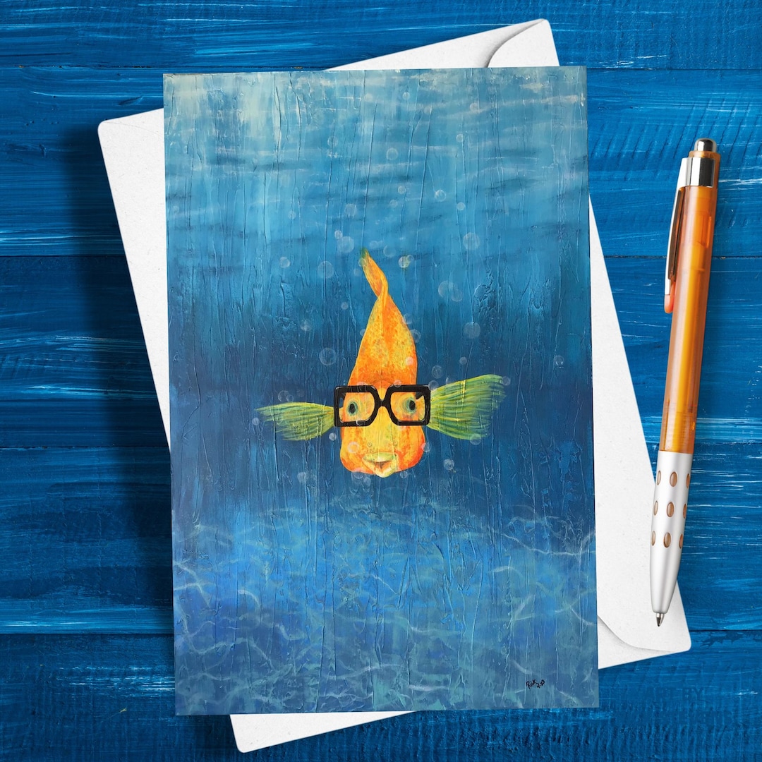 Cool Under Water Fish With Glasses, Blank Fish Note Card With Envelope ...