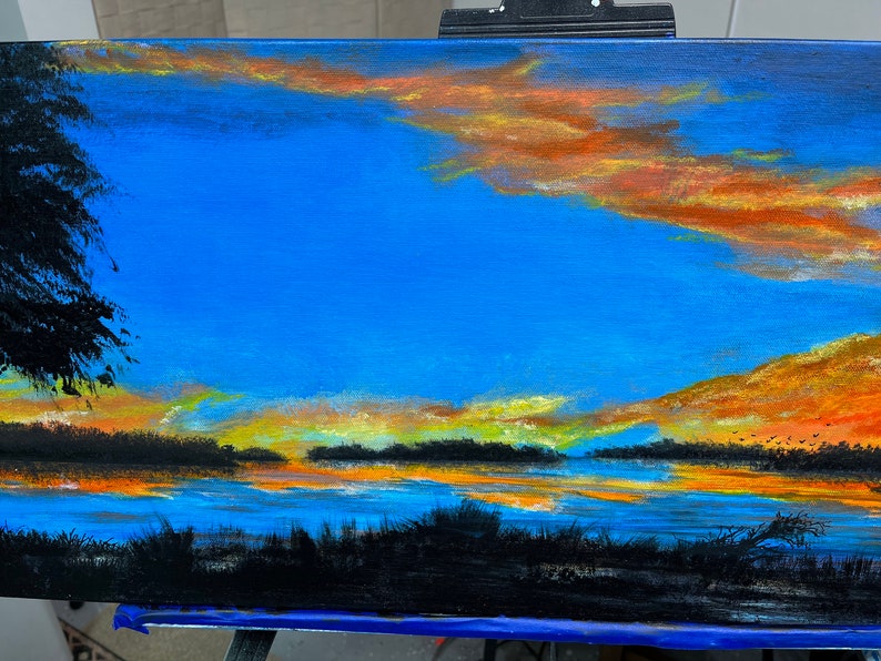Original Lake Color Sky View Painting on Canvas, Large 12x36, One of a ...