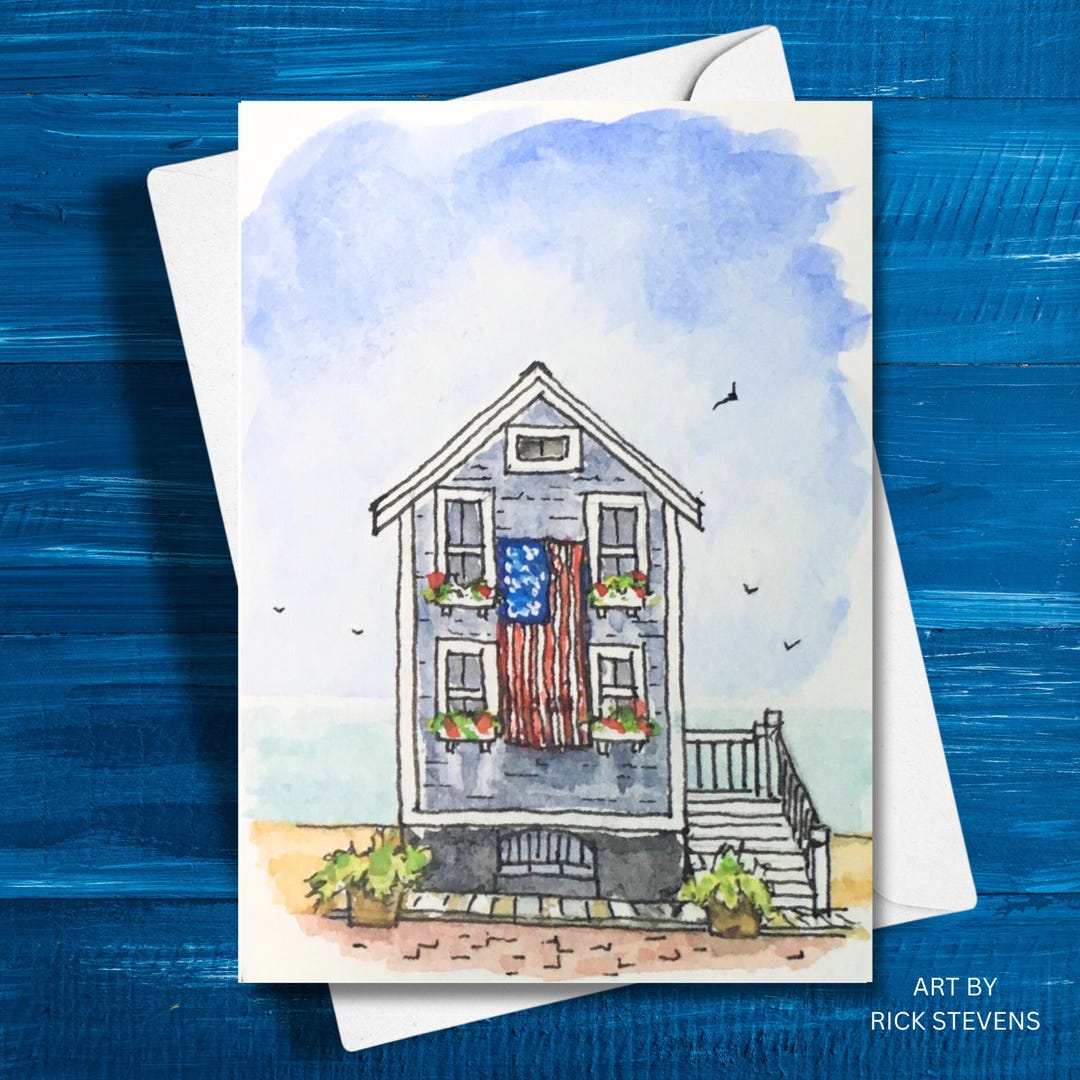 Coastal Colonial Home With American Flag Art Blank Note Cards, Greeting ...