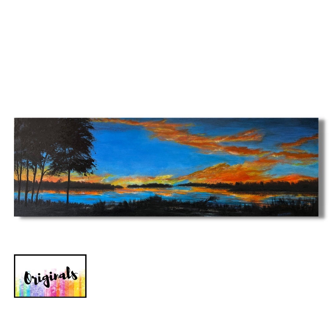 Original Lake Color Sky View Painting on Canvas, Large 12x36, One of a ...