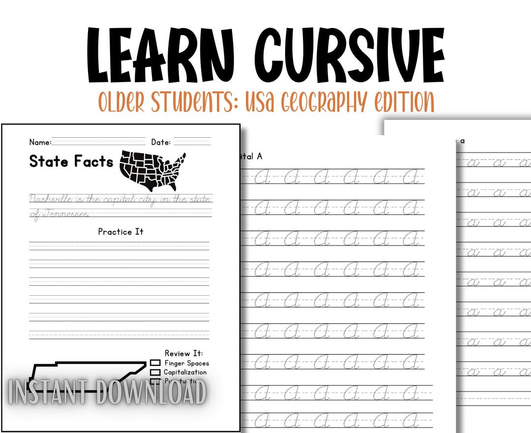 Cursive Handwriting Practice: State Capitals Edition (digital Print) - Etsy