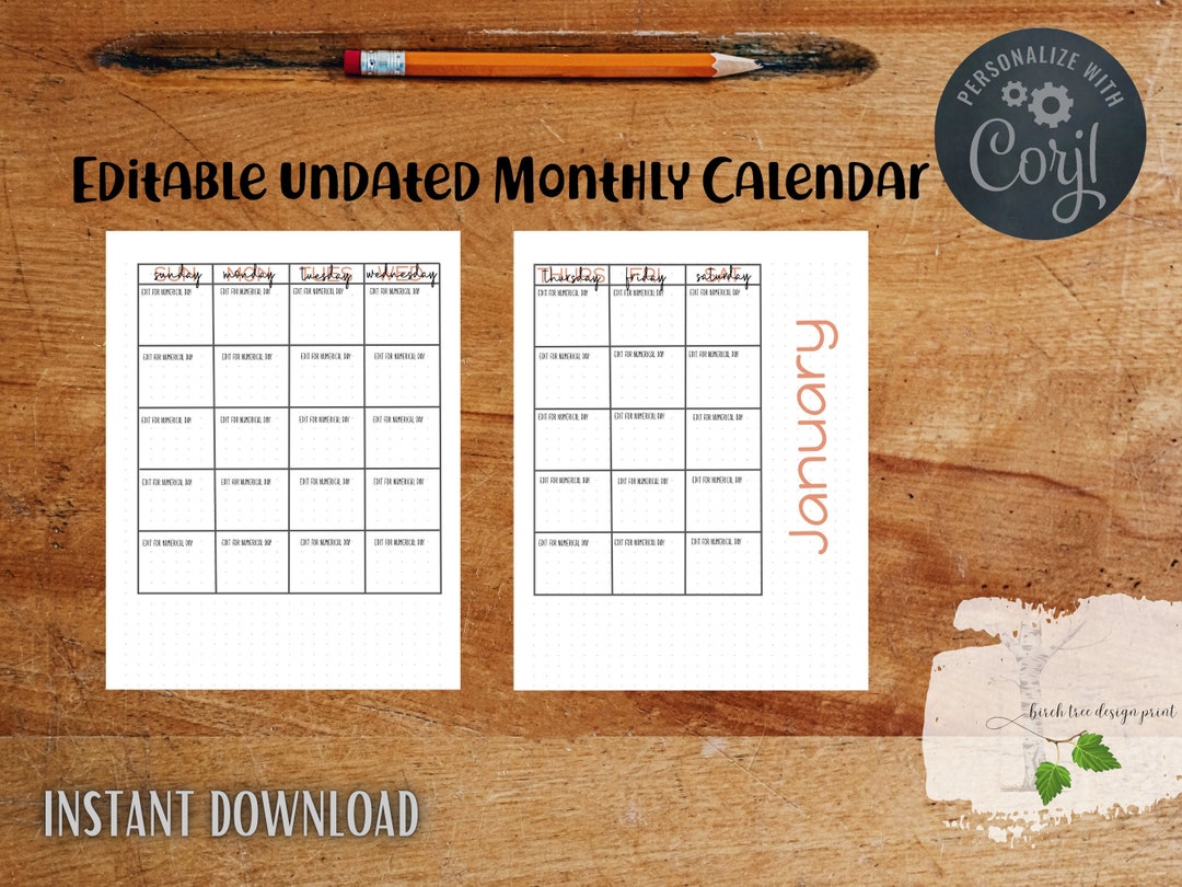 Undated Digital Monthly Calendar Spread Editable Digital Planner Bullet ...