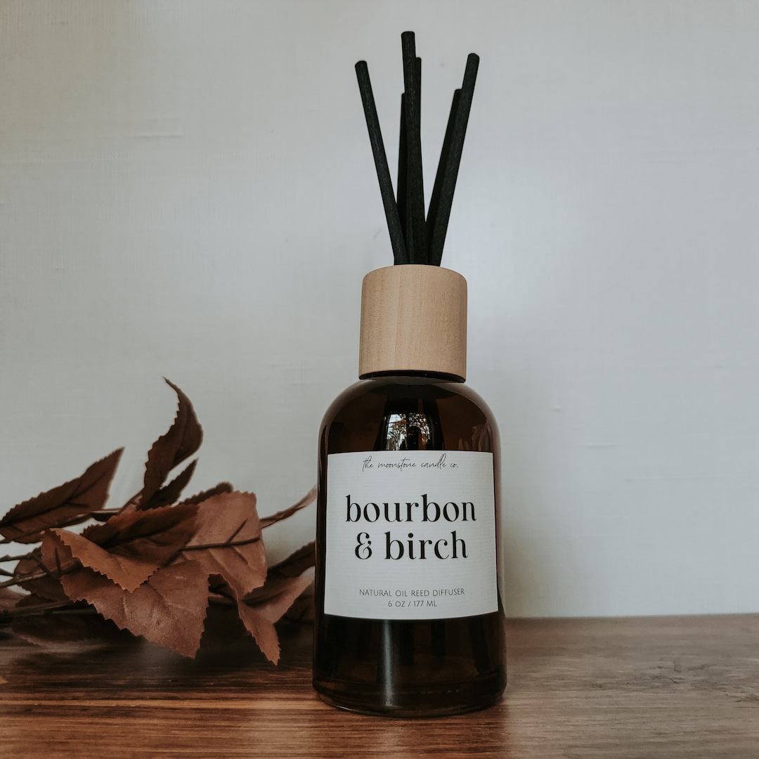 Bourbon + Birch All Natural Oil Reed Diffuser Amber Glass Bottle Flame ...