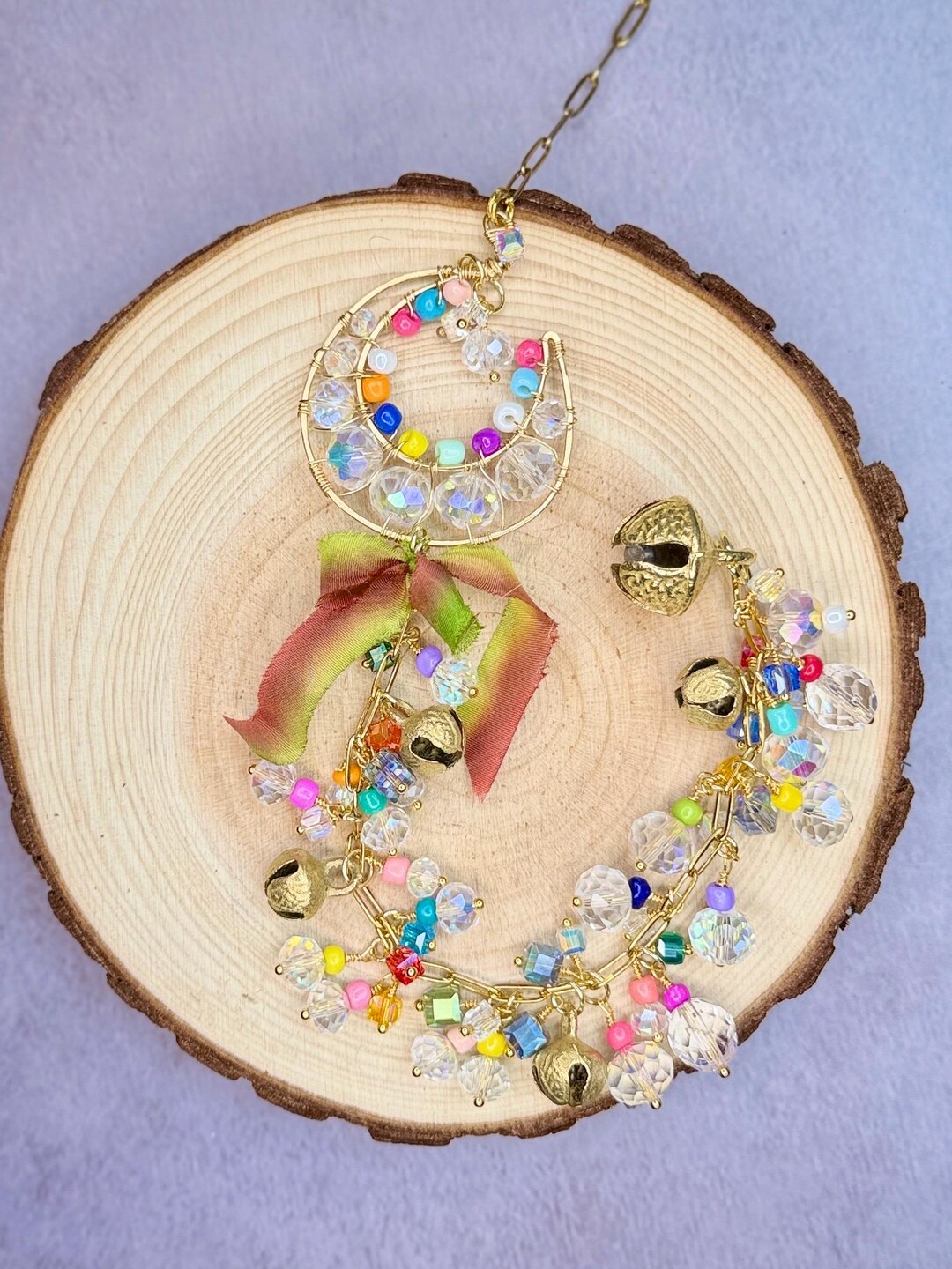 Beaded Brass Creacent Moon Fairy Bells Suncatcher - Etsy
