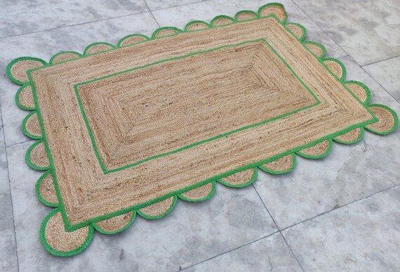 Home & Living Light Green Jute Scallop Boho Decor Handmade Rug ...