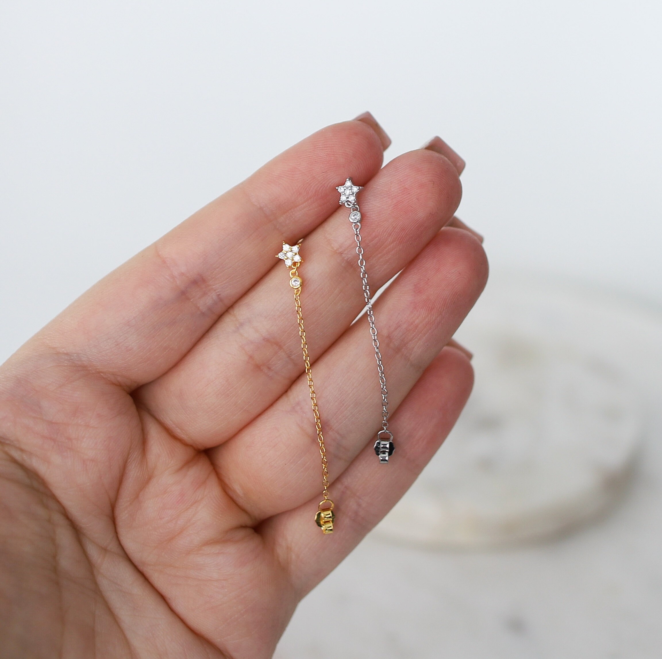18k Gold Drop Chain Earring Star Chain Stud Cartilage Chain | Etsy