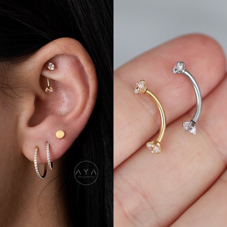 Gold/silver Diamond Rook Piercing Curved Barbell Cubic - Etsy