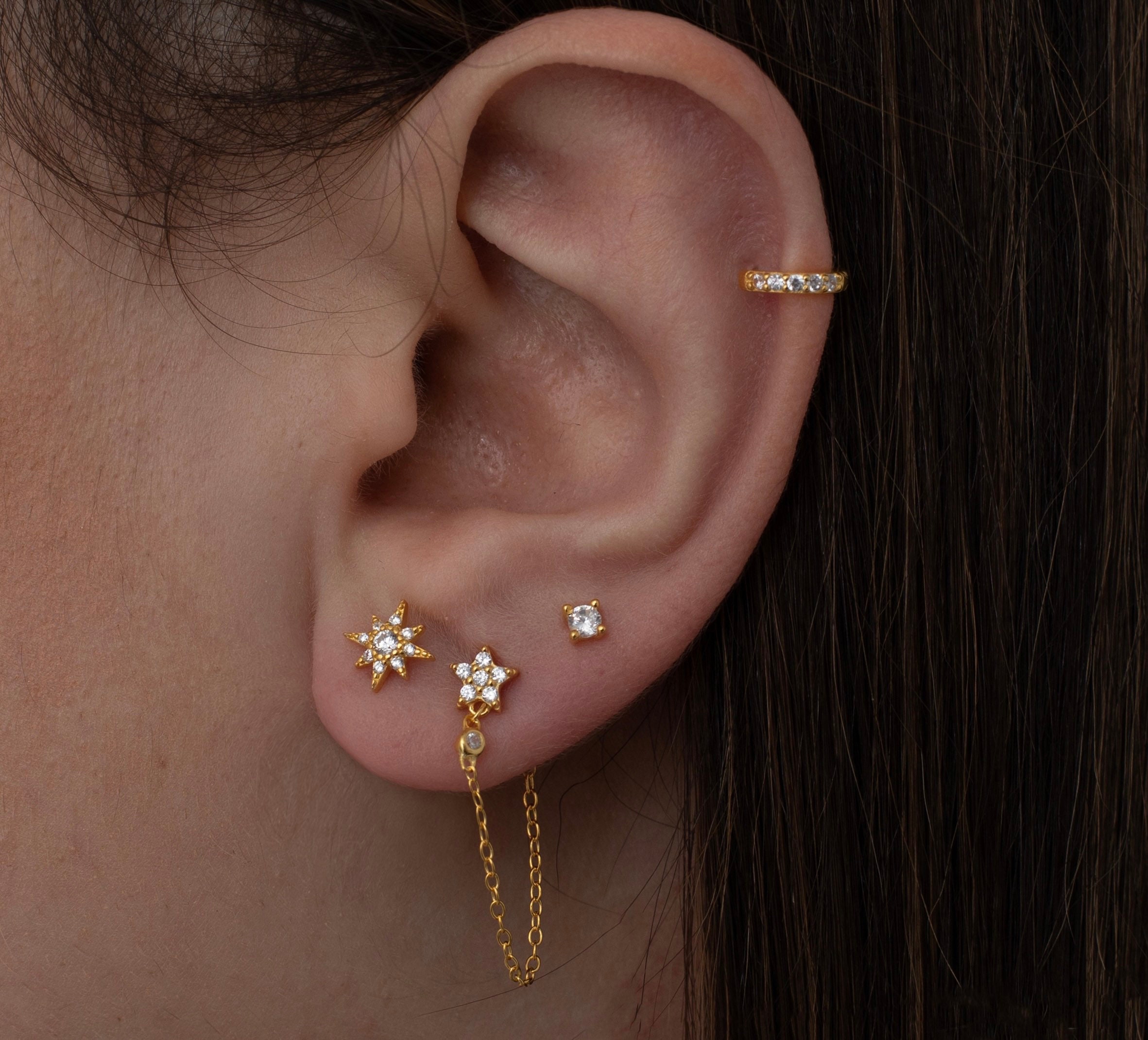 18k Gold Drop Chain Earring Star Chain Stud Cartilage Chain | Etsy