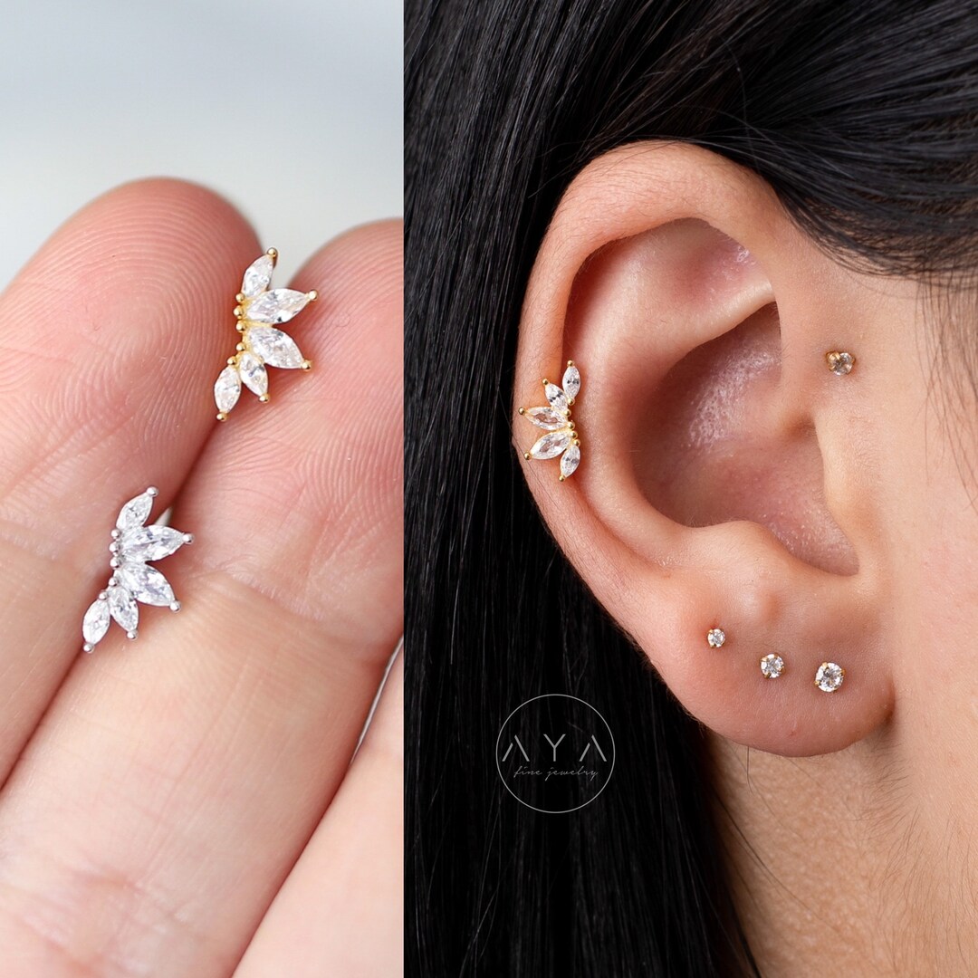 18k Gold Helix Climber, Cartilage Flower, 925 Sterling Silver. Piercing ...