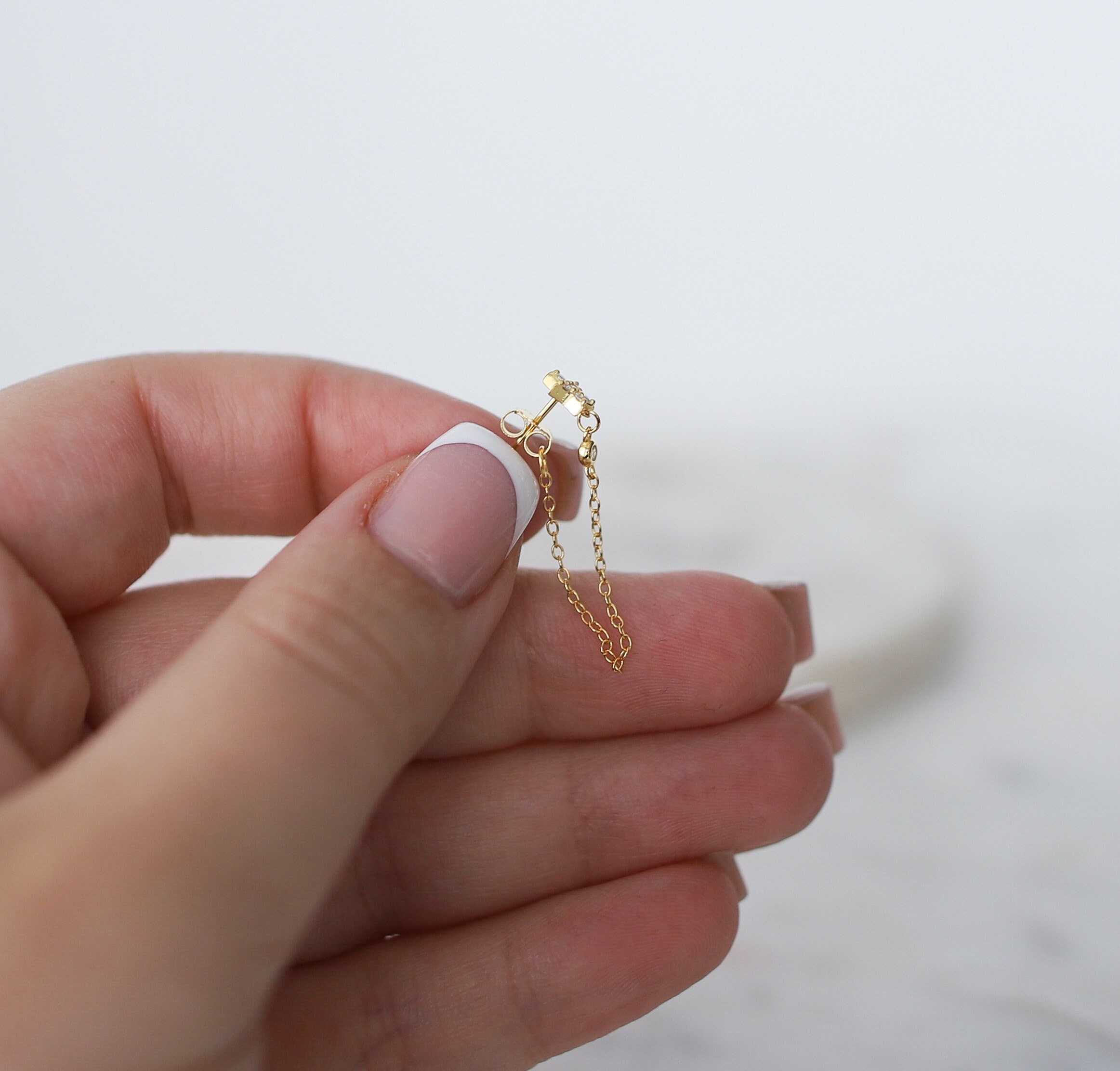 18k Gold Drop Chain Earring Star Chain Stud Cartilage Chain | Etsy