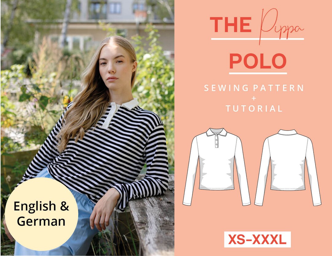 Polo Shirt Jersey Long Sleeves Pre-printed Pattern | XS-XXXL | A0 | Sewing Beginners, Simple ...