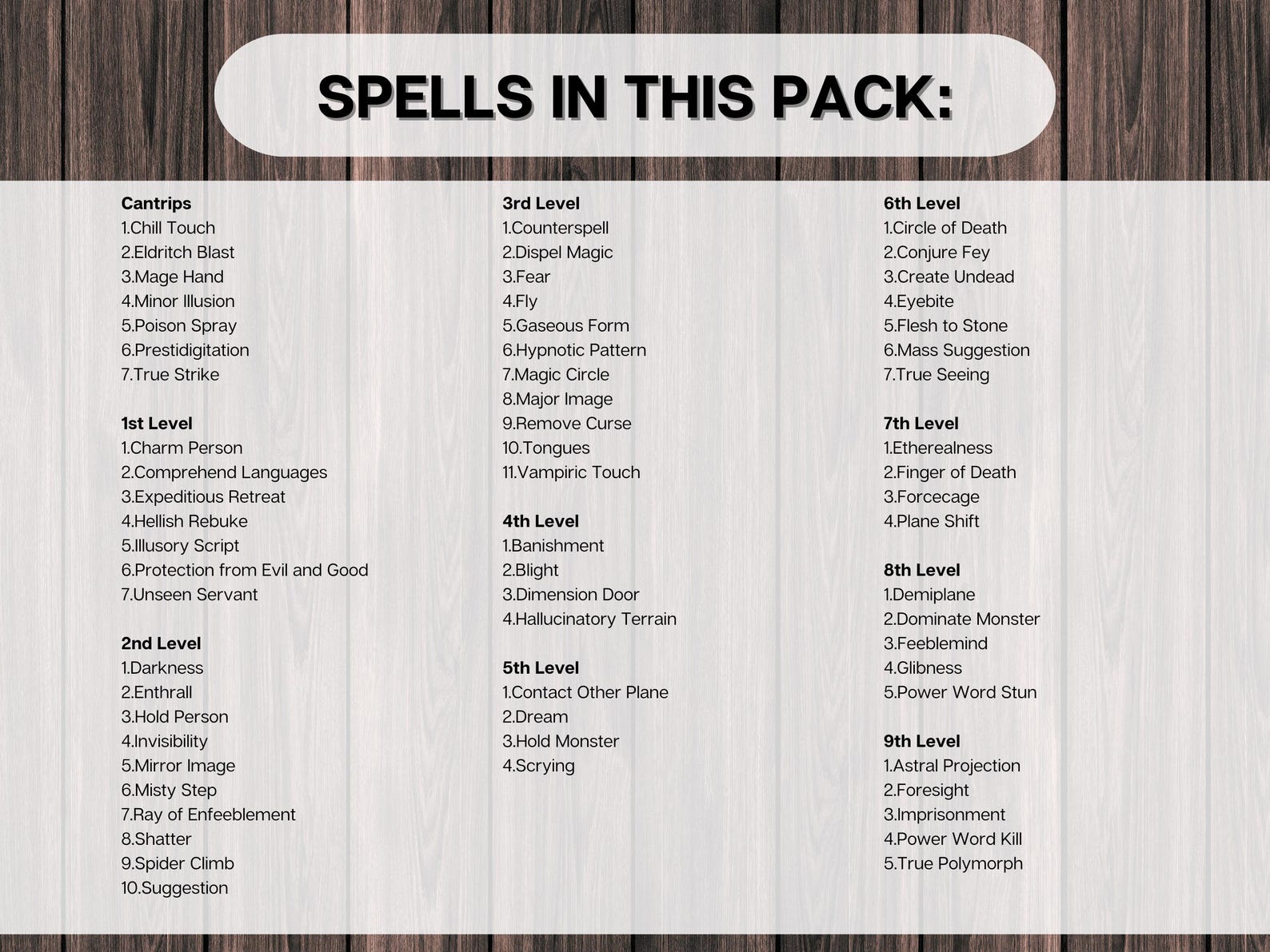 Dnd Warlock Spell Cards, Dungeons and Dragons Printable, D&D 5E 2014 ...