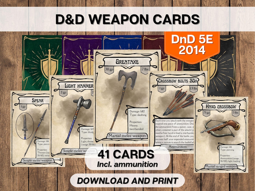 Dnd Weapons Equipment Cards, Dungeons and Dragons Printable, D&D 5E ...